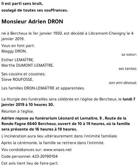 Avis De Décès De Adrien Dron Décédé Le 04 01 2019 à Libramont Chevigny