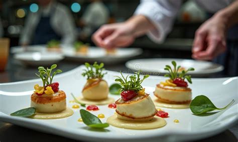Fine Dining Gourmet Appetizers Elegant Plating Restaurant Kitchen Stock