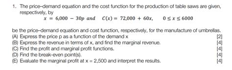 Solved The Price Demand Equation And The Cost Function For Chegg Com