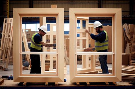 Plastic Window Frames Being Assembled For A New House With Workers Placing The Windows Stock
