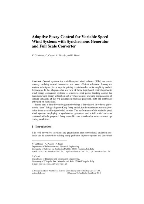 Pdf Adaptive Fuzzy Control For Variable Speed Wind Systems With Synchronous Generator And Full