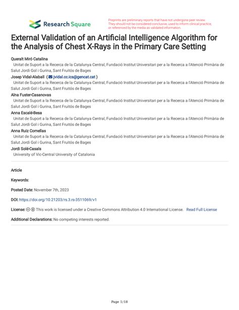 Pdf External Validation Of An Artificial Intelligence Algorithm For The Analysis Of Chest X