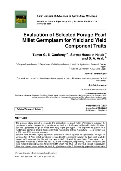 Pdf Evaluation Of Selected Forage Pearl Millet Germplasm For Yield