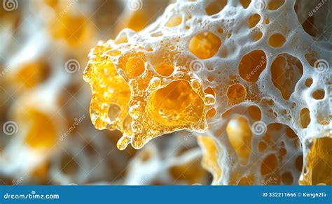 Detailed Macro Of Porous Bone Structure With Yellow Fluid Stock