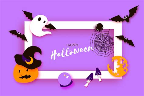 해피 할로윈 파티 호박 박쥐 뼈 유령과 신비한 밤 과자 안 주면 장난칠 거예요 사각형 프레임입니다 텍스트 공간입니다 종이 공예 예술 귀신에 대한 스톡 벡터 아트 및 기타