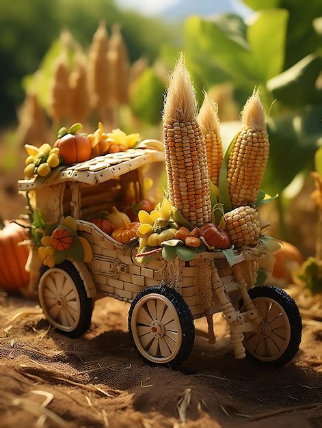 Premium Ai Image 3d Render Of Toy Corn On The Cob Cart Bike With Corn Husk Decorations On A Su