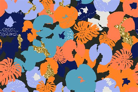 골드 반짝이 꽃과 보편적 인 프리 핸드 플로럴 원활한 패턴을 그리기 배경 카드 배너 포스터 표지 초대장 직물 헤더 또는 브로셔용 그래픽 디자인 가리기에 대한 스톡 벡터 아트