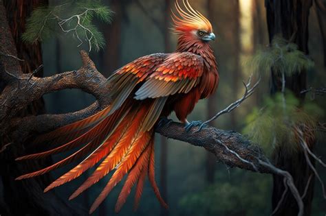 Premium Ai Image Phoenix Firebird Sitting On Tree Branch With Its Tail Feathers Spread Out