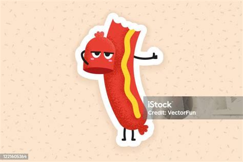 그의 머리를 들고 귀여운 소시지 만화 캐릭터 겨자 벡터 일러스트와 함께 소시지를 먹는다 짜증난 프랑크푸르터는 고개를 잃었다 창조적 인 캐릭터 디자인 패턴에 행복 한 Bbq