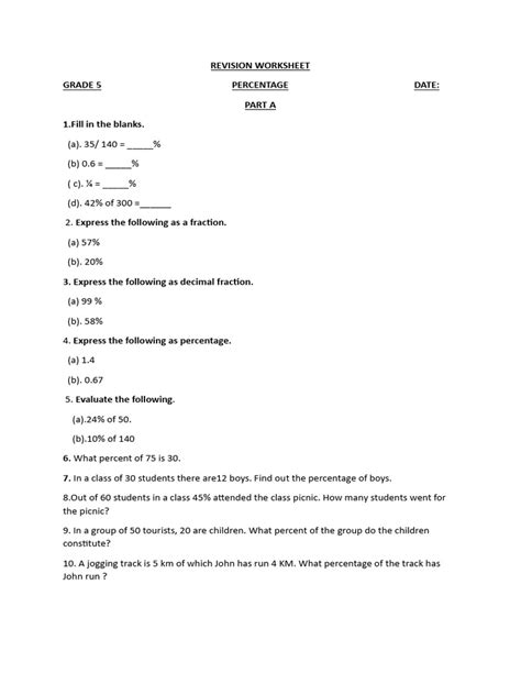 Percentage Revision Sheet Pdf