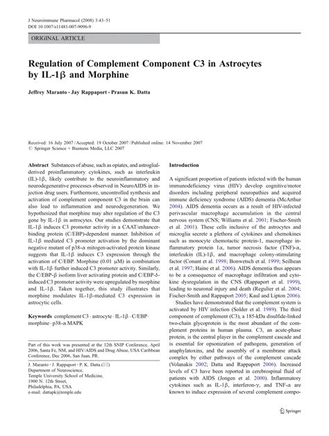 Pdf Regulation Of Complement Component C3 In Astrocytes By Il 1β And