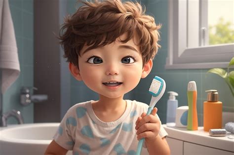 O Menino Adormecido Est Acordando E Escovando Os Dentes No Banheiro Foto Premium