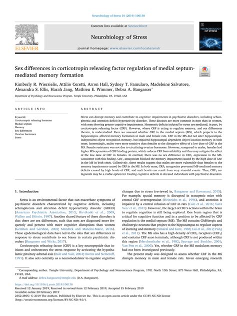 Pdf Sex Differences In Corticotropin Releasing Factor Regulation Of Medial Septum Mediated