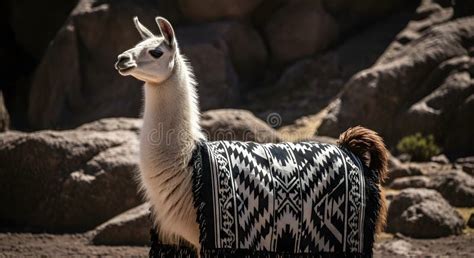 Llama Wearing A Traditional Woven Blanket In A Rocky Arid Landscape
