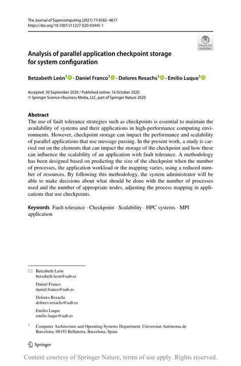 analysis of parallel application checkpoint storage for system