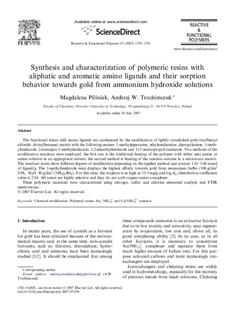 Pdf Synthesis And Characterization Of Polymeric Resins With Aliphatic And Aromatic Amino