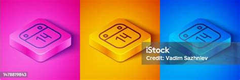 아이소메트릭 라인 달력 2월 14일 아이콘은 분홍색과 주황색 파란색 배경에 격리되어 있습니다 발렌타인 사랑의 상징입니다 사각형 버튼 벡터 14에 대한 스톡 벡터 아트 및