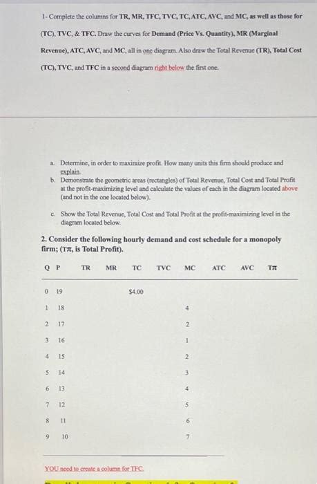 solved 1 complete the columns for tr mr tfc tvc tc atc