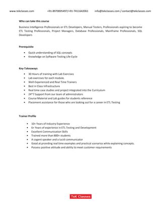 ETL Testing Training ETL Testing Training In Bangalore PDF Databases Computer Software