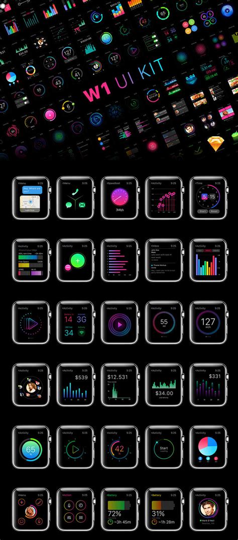 200 屏幕ui套件苹果手表apple Watch专用应用程序app界面设计w1 Ui套件apple Watchw1 Ui Kit 线框