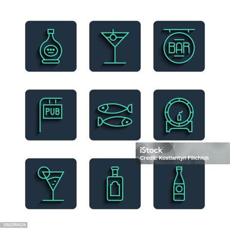 세트 라인 마티니 유리 위스키 병 맥주 바 말린 생선 술집 코냑 병 또는 브랜디 및 나무 배럴이 랙 아이콘에 있는 스트리트 간판 벡터 0명에 대한 스톡 벡터 아트 및 기타