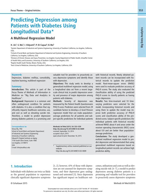 Pdf Predicting Depression Among Patients With Diabetes Using Longitudinal Data A Multilevel