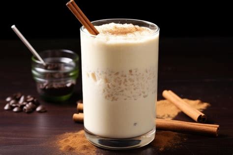 Bebida De Arroz Con Leche En Un Vaso Alto Con Pajita Foto Premium