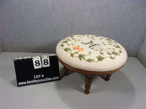Small Oak And Upholstered Foot Stool W Monogrammed M In Cross Stitch Bentley And Associates Llc