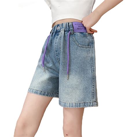 Girls Denim Shorts High Waist Casual Stretch Comfortable Pocket Design