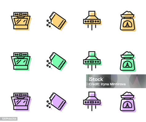 세트 라인 주방 추출기 팬 오븐 후추 와 저울 아이콘의 패킷 벡터 가방에 대한 스톡 벡터 아트 및 기타 이미지 가방 가정