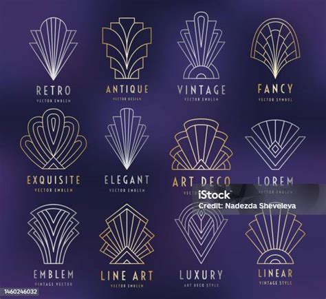 어두운 보라색 그라데이션 배경에 빈티지 기하학적 윤곽선 기호 아르 데코 스타일의 엠블럼 세트 선형 금색 은색 금속 색상 요소 Eps 10 복고풍 디자인 벡터 일러스트 레이