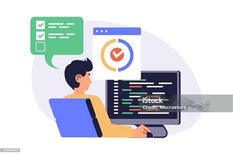 웹 사이트 디자인을위한 평면 만화 사람들과 함께 웹 개념을 테스트하는 소프트웨어 Man은 테스터로 일하고 코드 분석을 수행하고