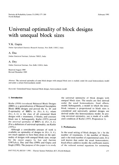 Pdf Universal Optimality Of Block Designs With Unequal Block Sizes