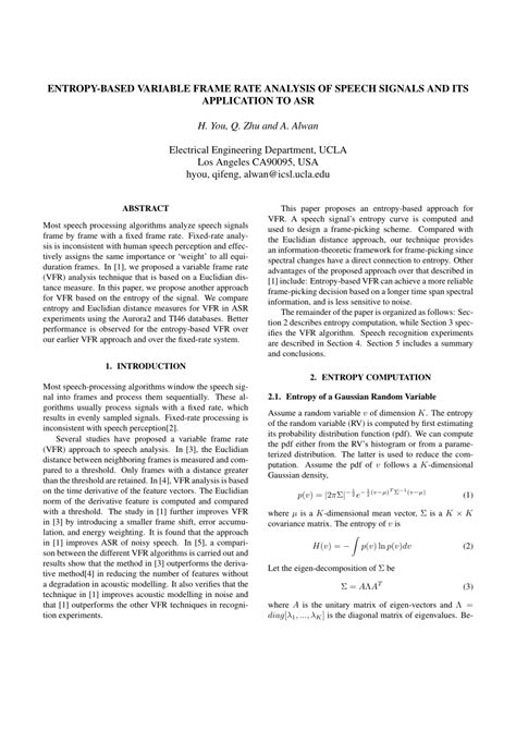 Pdf Entropy Based Variable Frame Rate Analysis Of Speech Signals And