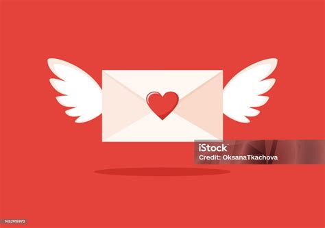 빨간색 배경에 하트와 날개가 있는 봉투 연애 편지 개념입니다 플랫 스타일의 벡터 그림 로맨스에 대한 스톡 벡터 아트 및 기타 이미지 로맨스 만화 메시지 Istock