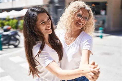 Two Women Mother And Daughter Dancing At Street Stock Image Image Of