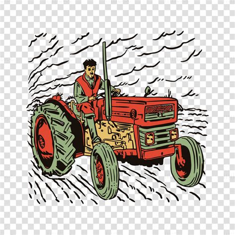 Man Driving Red Tractor Vector Illustration