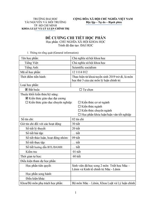 Final Đề cương chi tiết môn Cnxhkh final TRƯỜNG ĐẠI HỌC TÀI NGUYÊN VÀ MÔI TRƯỜNG TP HỒ CHÍ