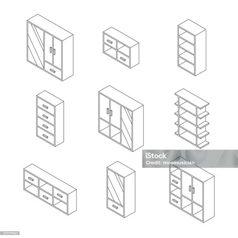유리 가구 캐비닛 및 찬장의 집합입니다 윤곽선 등각 투영 도면 벡터입니다 3차원 형태에 대한 스톡 벡터 아트 및 기타 이미지