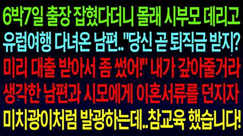 【사연열차①】6박7일 출장 잡혔다더니 몰래 시부모 데리고 유럽여행 다녀온 남편당신 곧 퇴직금 받지미리 대출 받아서 좀
