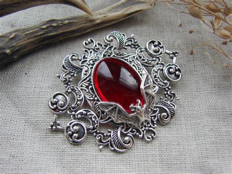 Ruby Red Brooch With Bat Macabre Glass Silver Filigree Pin Gothic Wedding Romantic Accessories