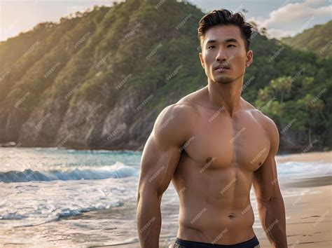 Idyllic Muscle Asian Man Shirtless And Standing By The Beach Portrait