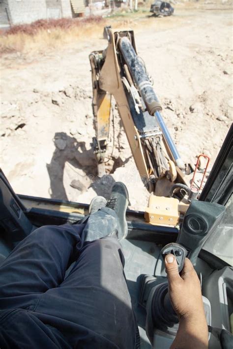 Male Hand Holding A Control Joystick Work In Excavator Stock Image Image Of Operator
