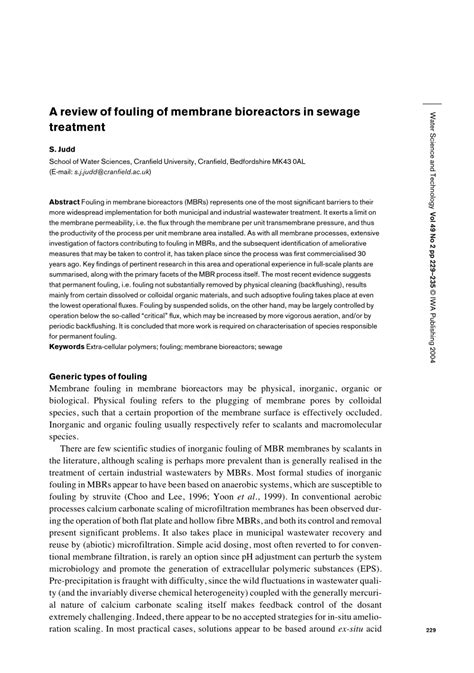 Pdf A Review Of Fouling Of Membrane Bioreactors In Sewage Treatment