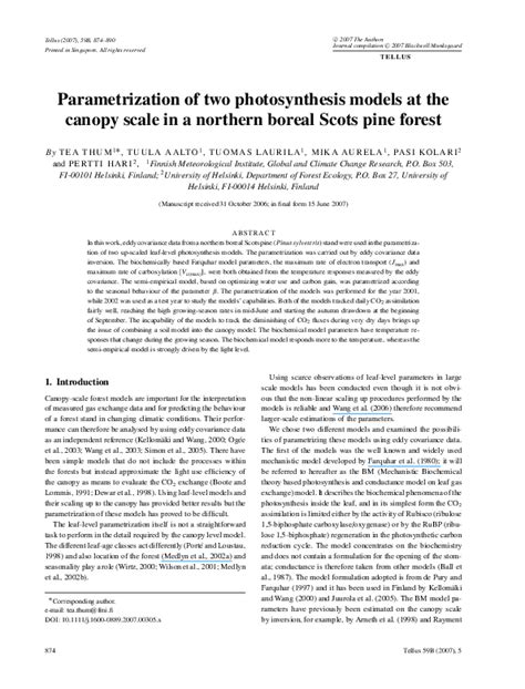 Pdf Parametrization Of Two Photosynthesis Models At The Canopy Scale In A Northern Boreal