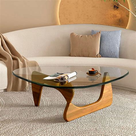 Triangle Glass Coffee Table Mid Century Modern End Table Solid Wood Base And Vintage