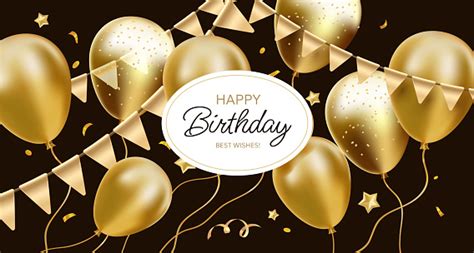 검은 배경에 텍스트와 깃발이 있는 빛나는 황금 공기 헬륨 풍선과 함께 생일 축하 하는 벡터입니다 별과 함께 비행 풍선의 3d