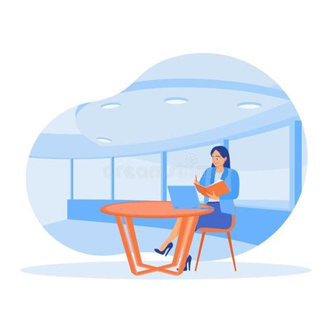 Young Woman Sitting In Front Of Laptop Write Notes And Listen To Online Courses Stock Vector