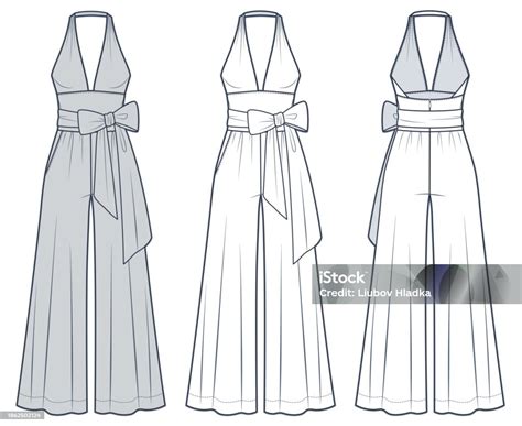 활 점프 슈트 기술 패션 일러스트 벽지 와이드 레그 점프 슈트 패션 플랫 기술 도면 템플릿 휘장 포켓 고삐 목 V 넥 지퍼 벨트