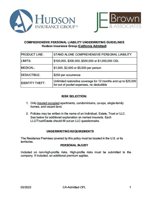 Fillable Online Comprehensive Personal Liability Underwriting